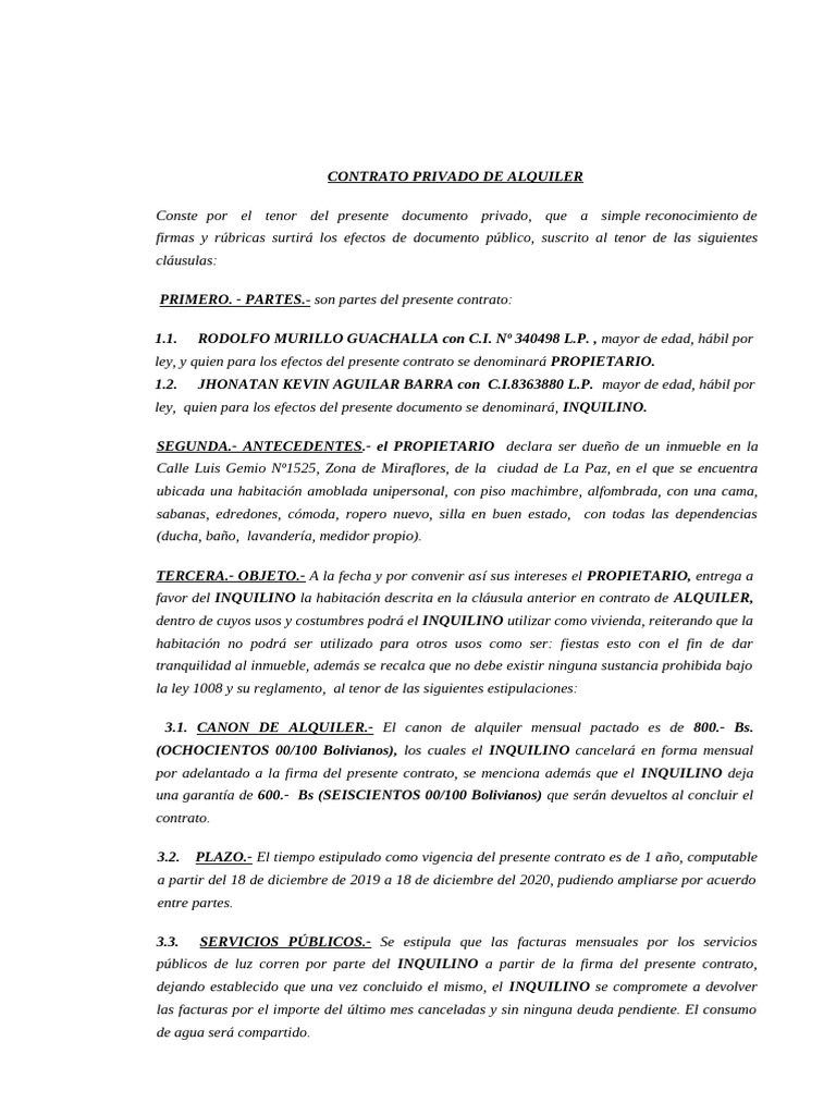 Contrato Privado de Alquiler Rodolfo Murillo Guachalla | PDF