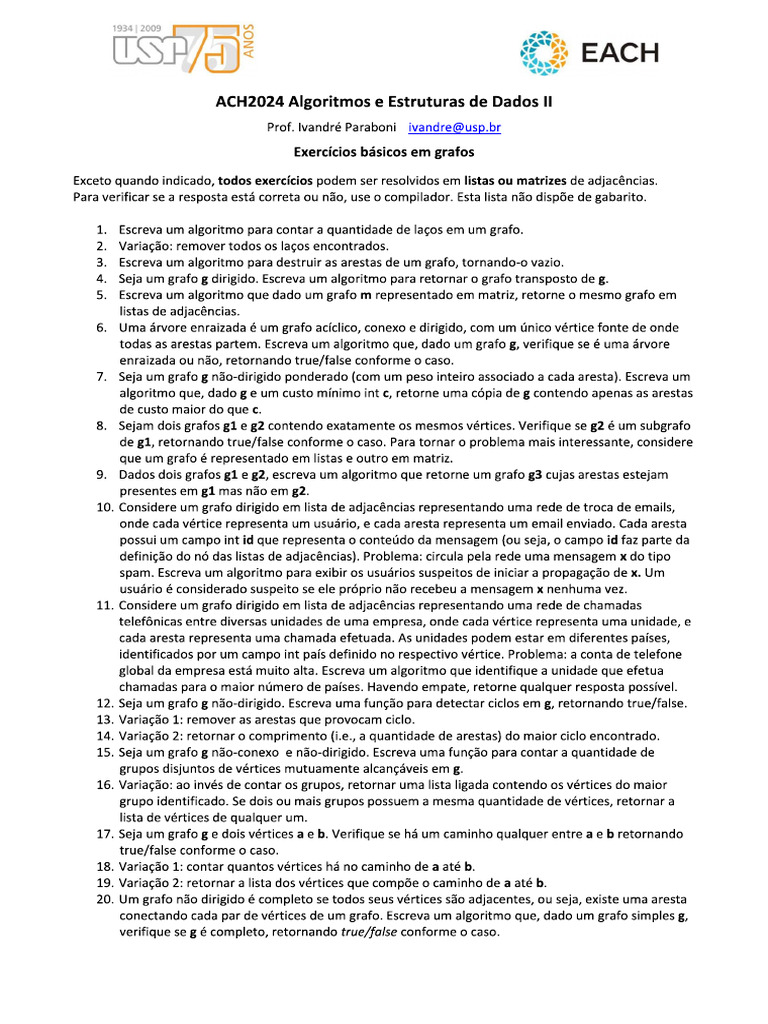 Lista Exercicios1 Grafos | PDF