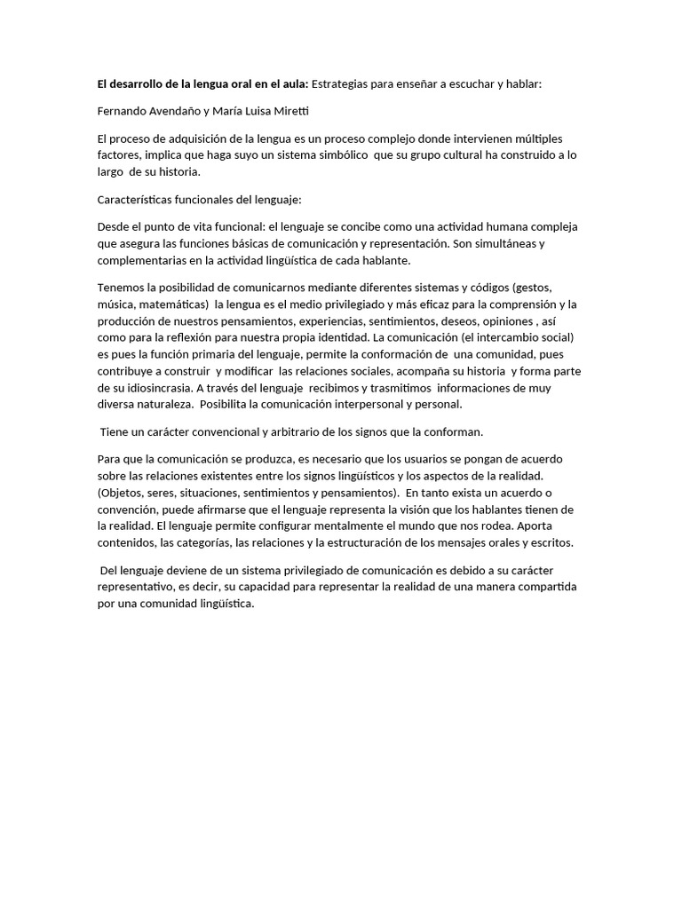 El Desarrollo de La Lengua Oral en El Aula - Avedaño y Mireti | PDF