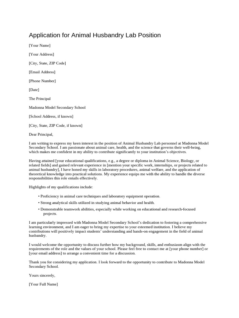 Application For Animal Husbandry Lab Position | PDF