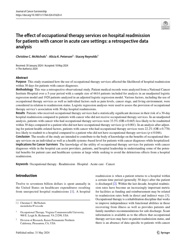The Effect of Occupational Therapy Services On Hospital Readmission For ...