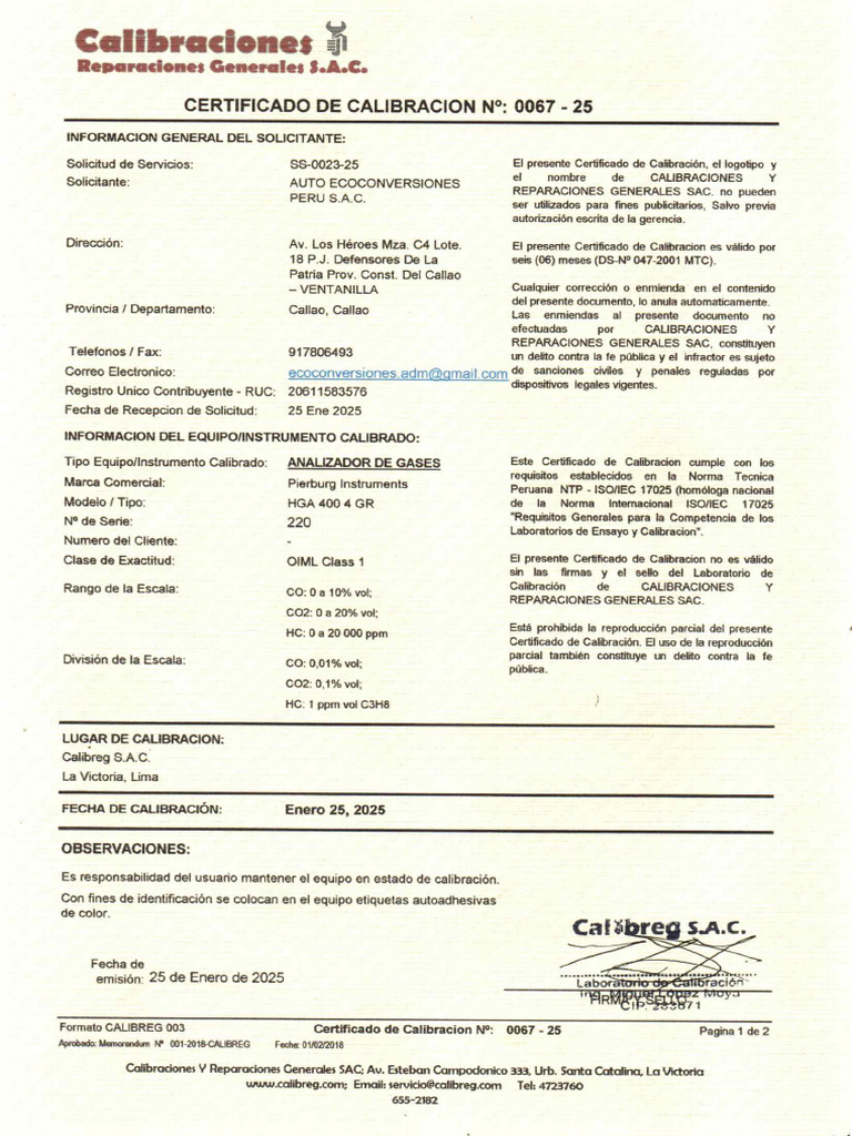 Certificado de Calibracion Del Analizador de Gases | PDF