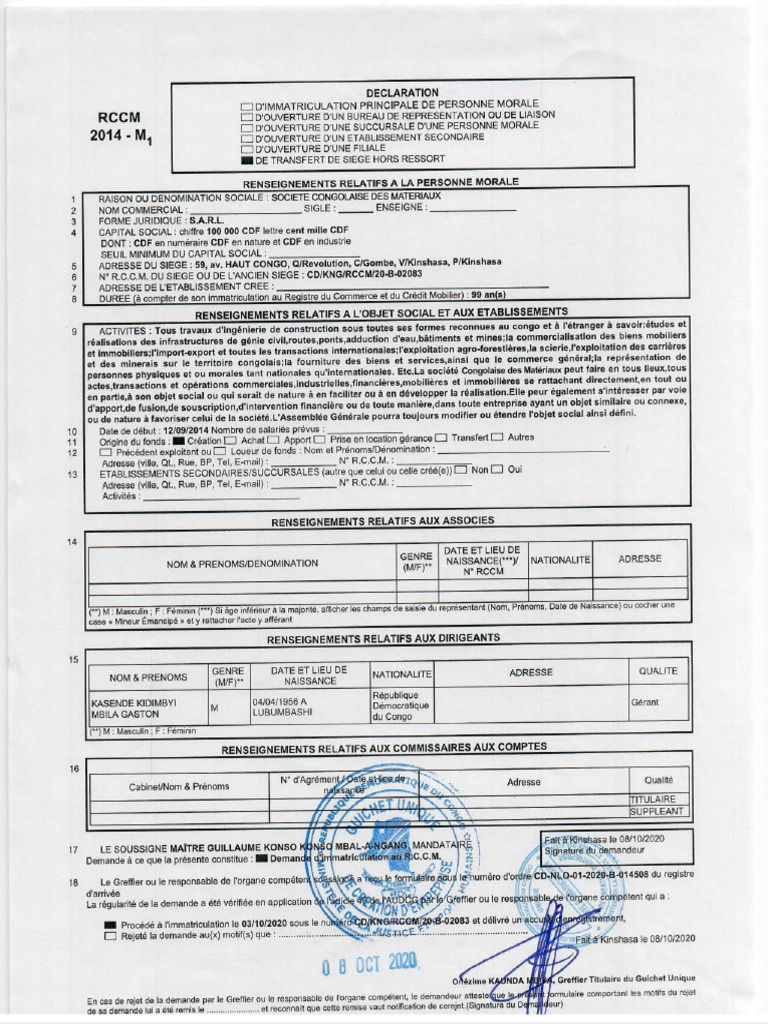 RCCM Société Congolaise Des Matériaux Page 2 | PDF