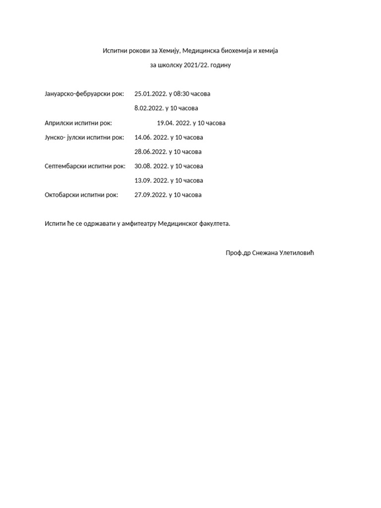 Ispitni Rokovi Za Hemiju Medicinska Biohemija I Hemija | PDF