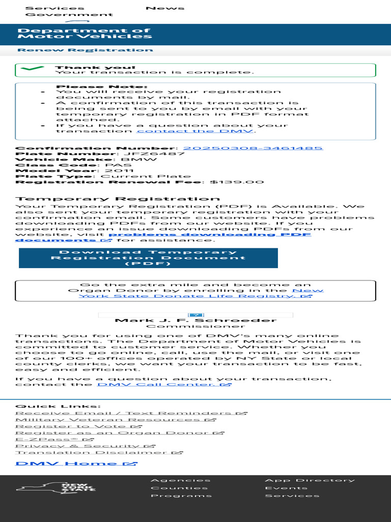 NY DMV Registration Renewal Confirmation | PDF
