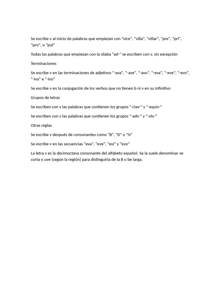 Reglas de uso de la letra V en español | PDF