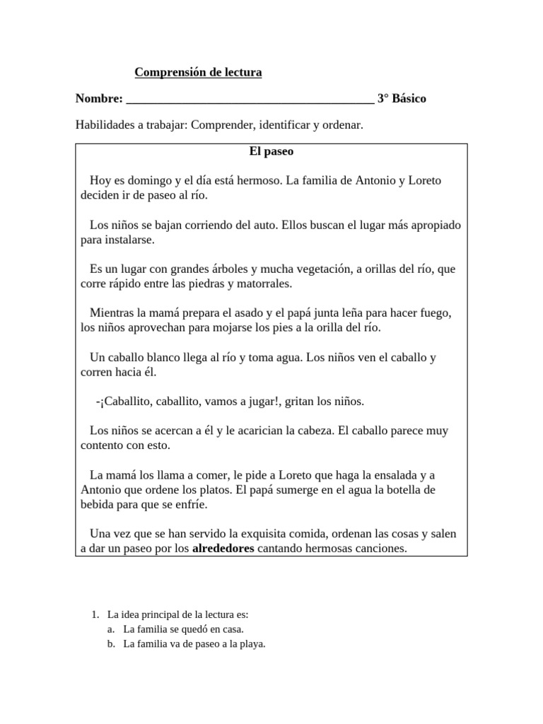 El Paseo Comprensión de Lectura | PDF