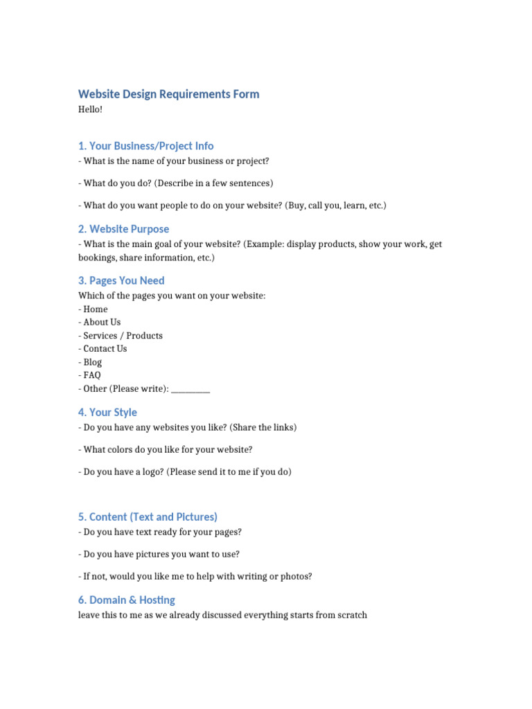 Website Design Requirements Form | PDF
