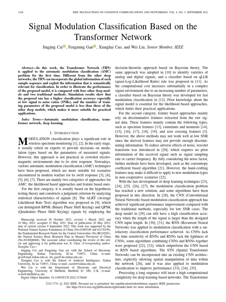 Signal Modulation Classification Based On The Transformer Network Pdf Artificial
