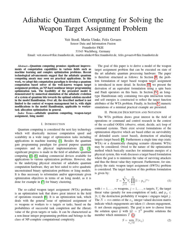 Adiabatic Quantum Computing For Solving The Weapon Target Assignment Problem | PDF | Quantum ...