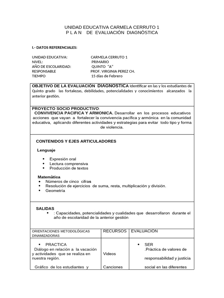 Plan de Evauacion Diagnostica 2021 CC1 | PDF | Comprensión lectora | Escritura