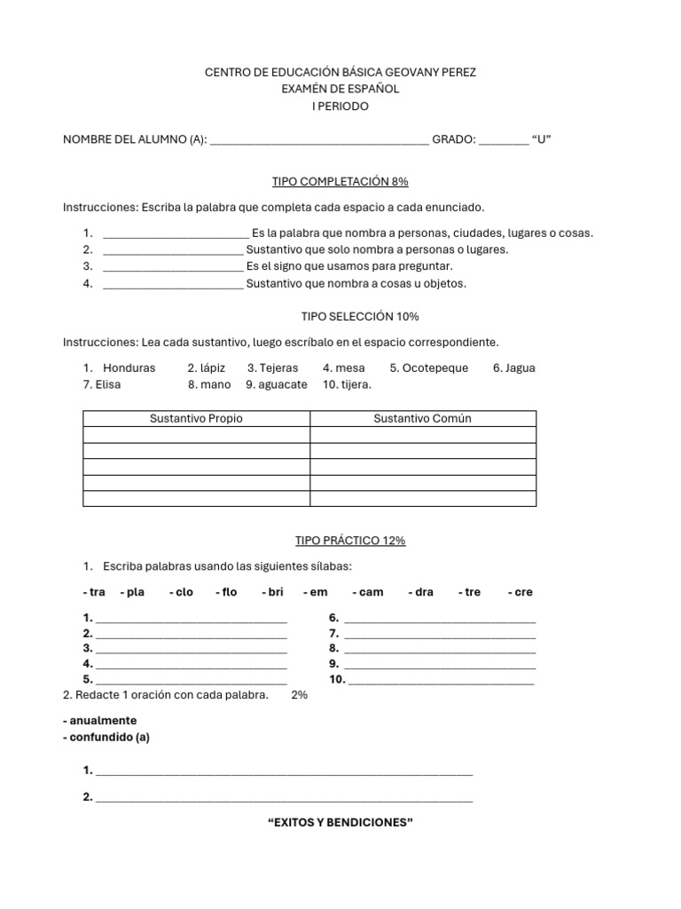 Examen de Español Segundo Grado 1er Periodo | PDF