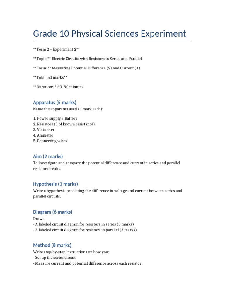 Grade 10 Physical Sciences Experiment | PDF