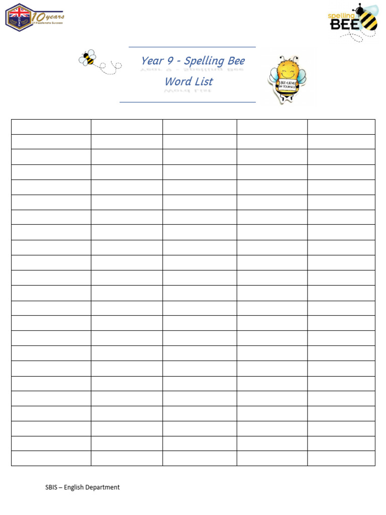 Year 9 - Spelling Bee Word List | PDF