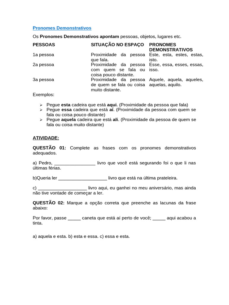 Atividade Sobre Pronomes Demonstrativos | PDF