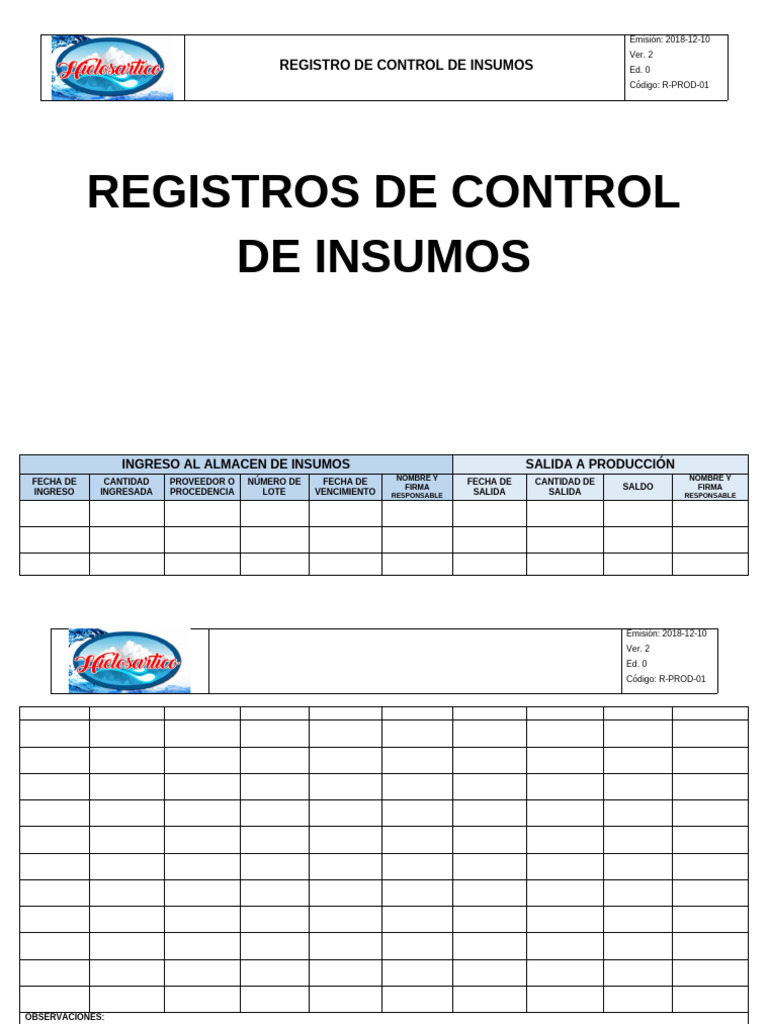Registro de Control de Insumos 2018 | PDF
