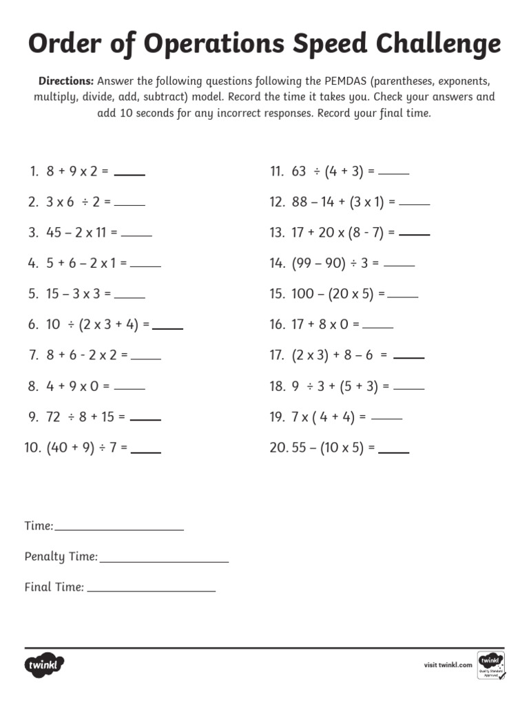 Grade 5 PEMDAS Speed Challenge | PDF