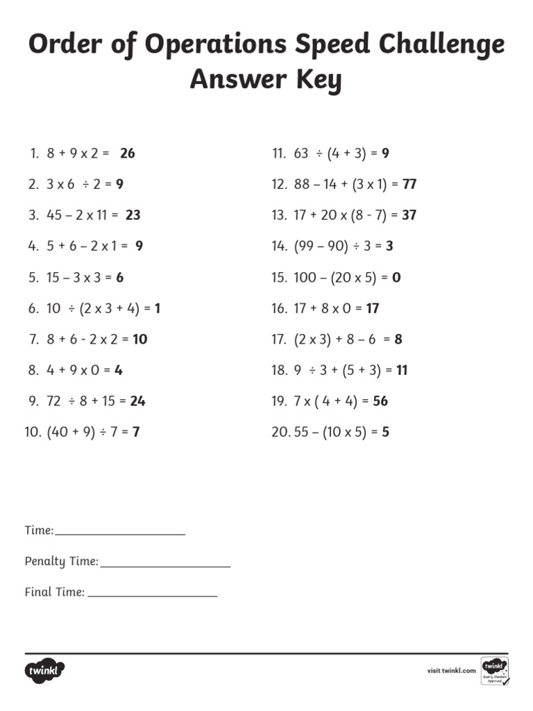 Order of Operations Challenge Key | PDF