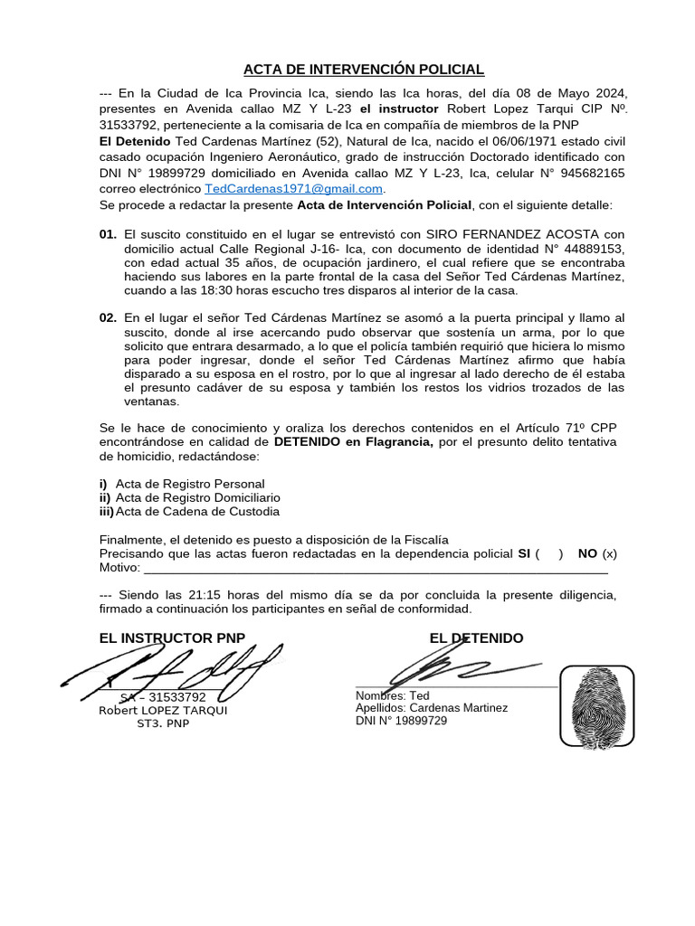 Acta de Intervencion Policial Flagrante Delito Yury Toscano JURISPOL | PDF | Crímenes | Crimen y ...