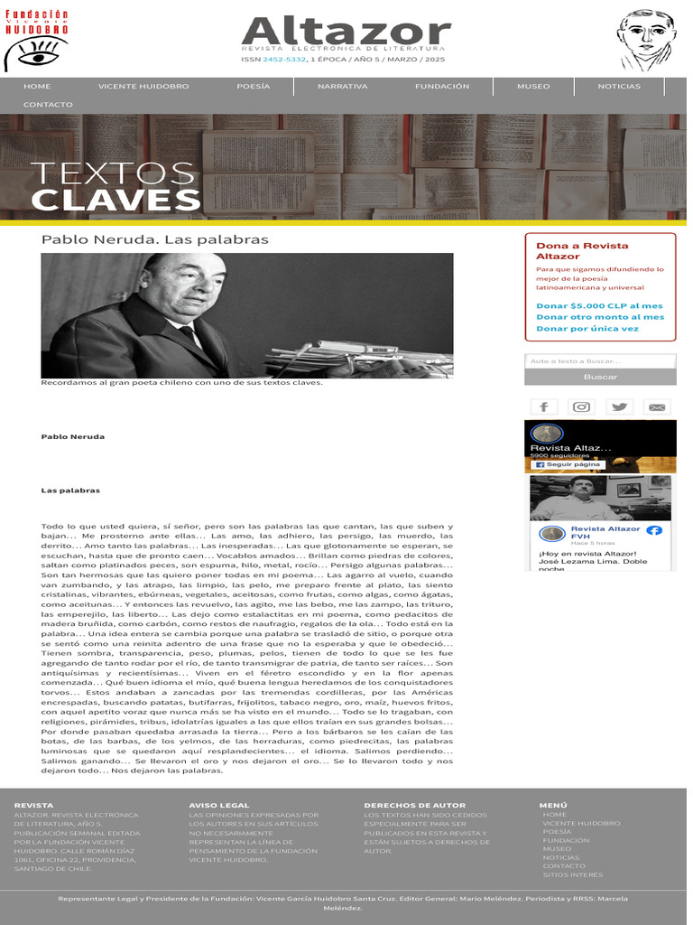 Pablo Neruda. Las Palabras - Revista Altazor | PDF
