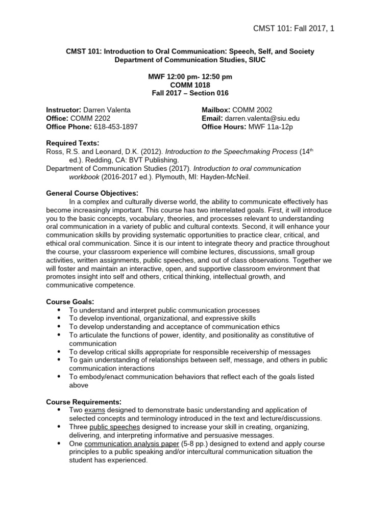 Sec 016 CMST 101 Syllabus F17 | PDF | Plagiarism | Academic Dishonesty