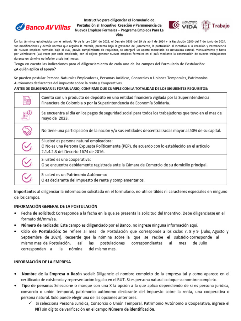 Formulario Postulación Incentivo - Programa Empleos para la Vida ...
