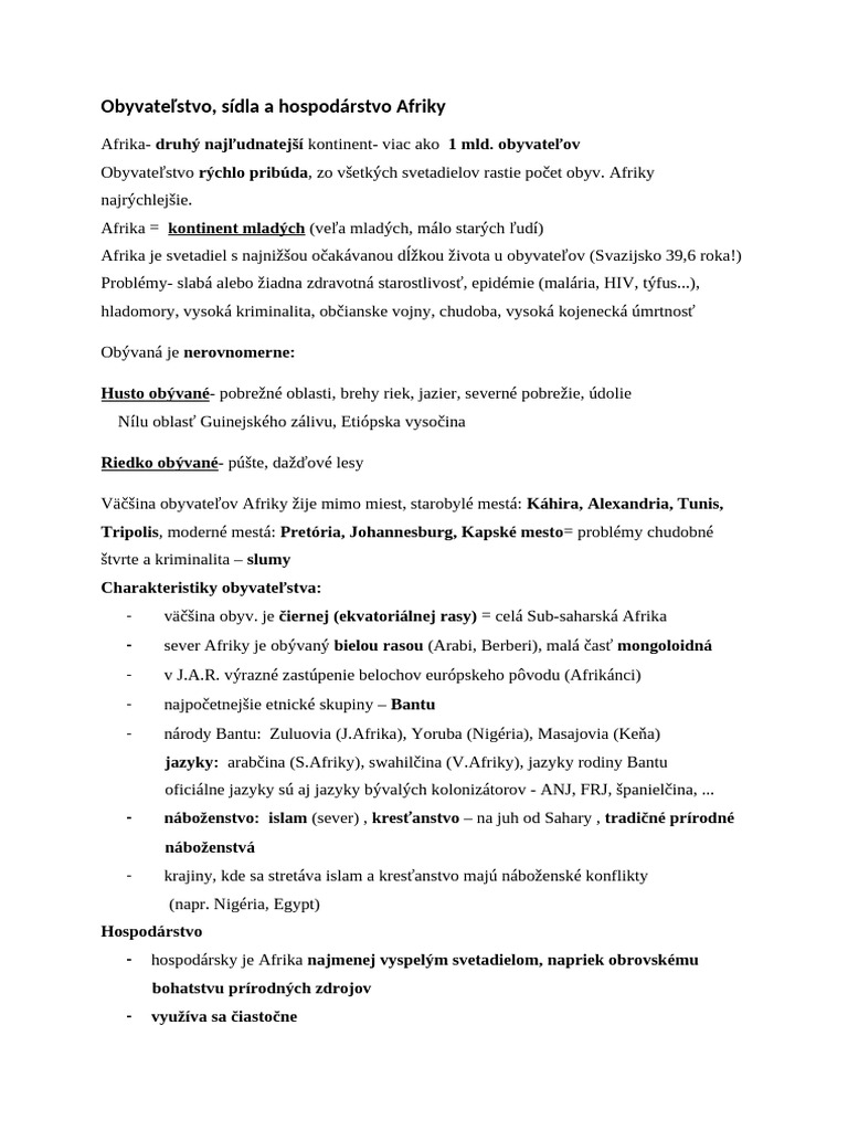 Obyvatelstvo, Sidla A Hospodarstvo Afriky - Poznamky | PDF