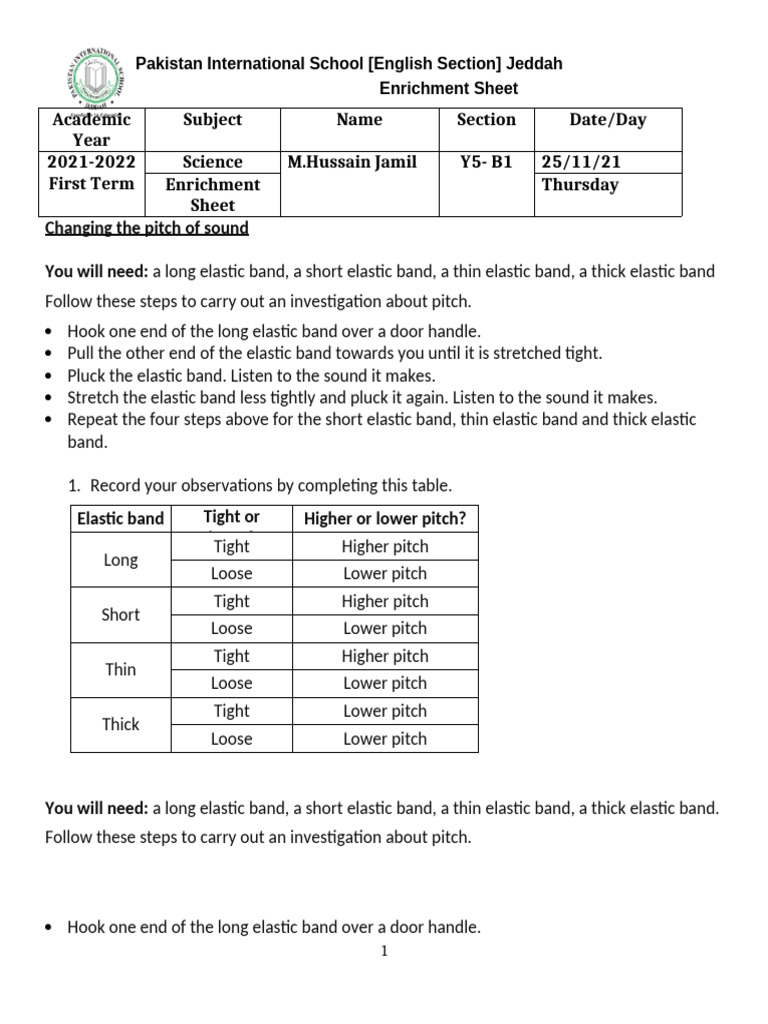 Hussain Y5-B1 AEP Sheet Unit 2 Sounds | PDF | Pitch (Music) | Sound
