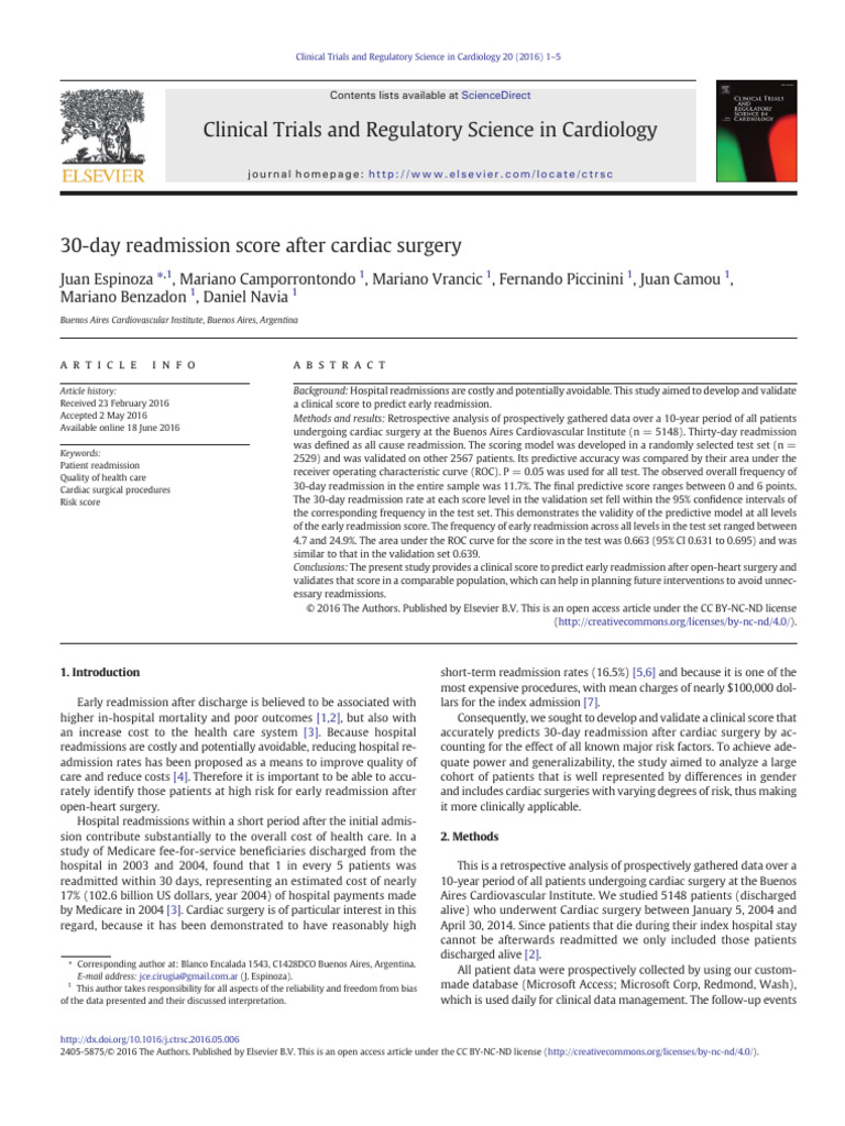 30-Day Readmission Score After Cardiac Surgery 2016 | PDF | Coronary ...