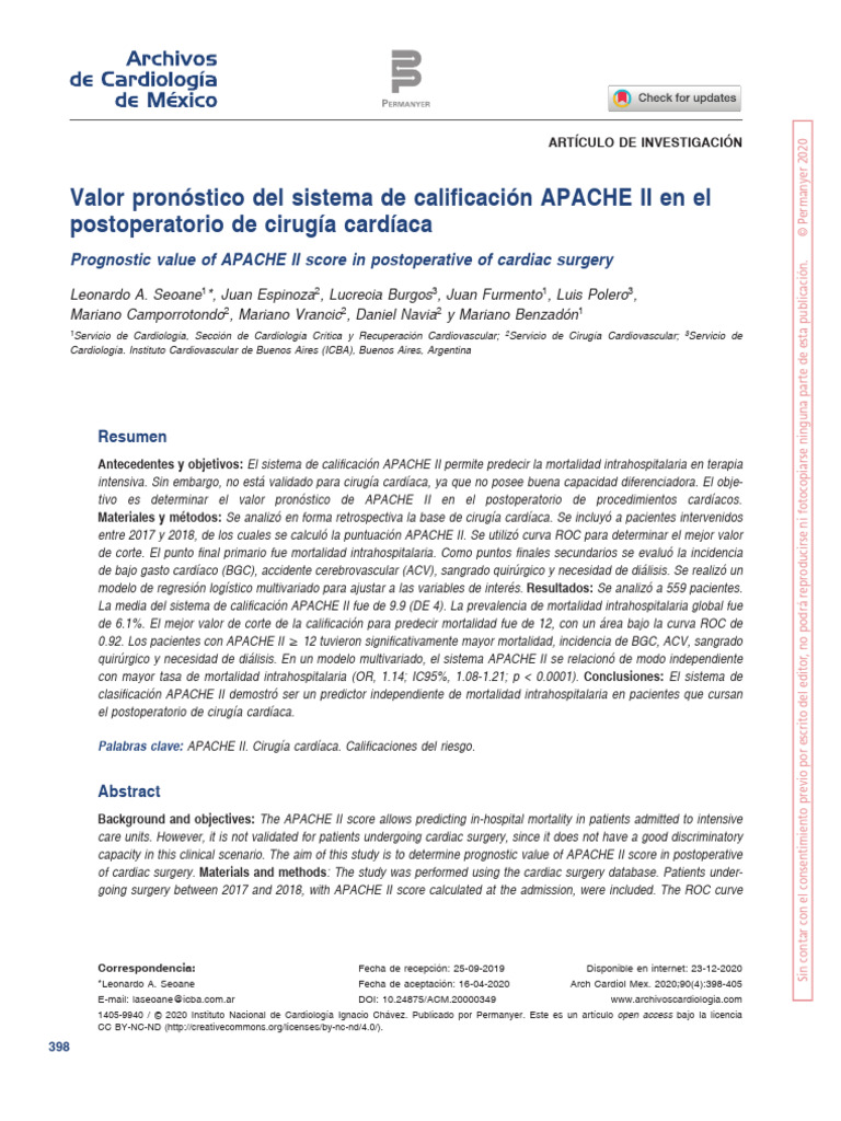 Valor pronóstico de APACHE II en cirugía cardíaca | PDF | Carrera | Cirugía