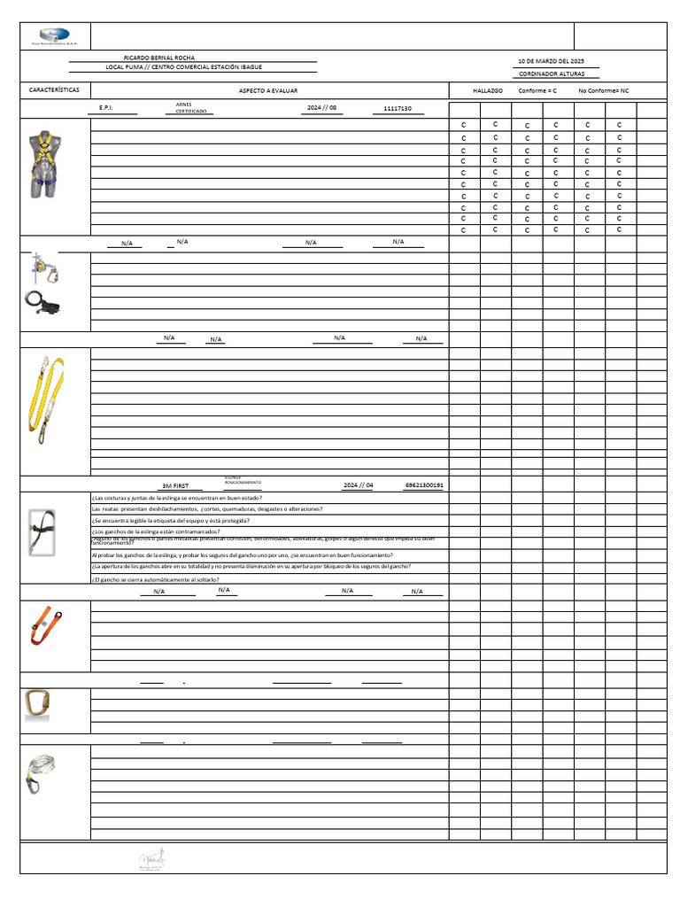 FO-SGSST-055 Formato de Inspeccion de Equipos de Alturas ARNES + ESLINGA 2 | PDF | Materiales ...