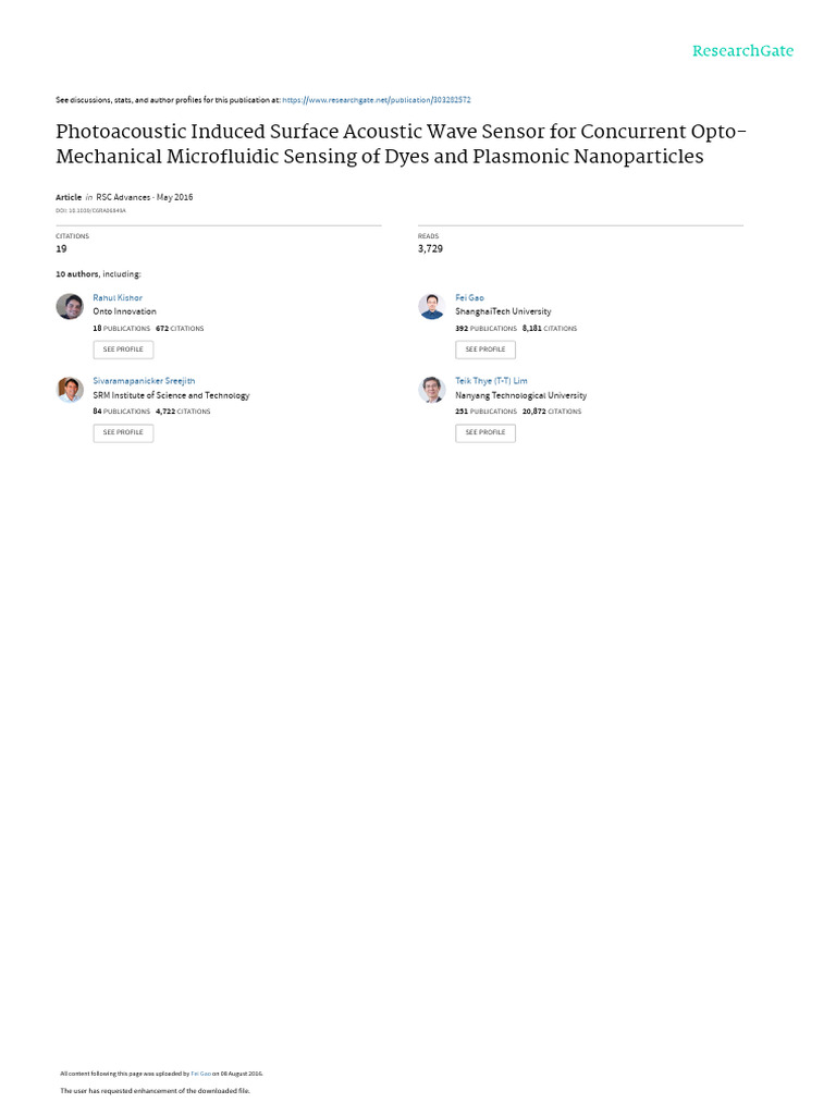 Photoacoustic Induced Surface Acoustic Wave Sensor For Concurrent Opto ...
