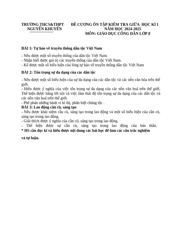 De Cuong On Tap Giua Ki 1 - GDCD 8 | PDF