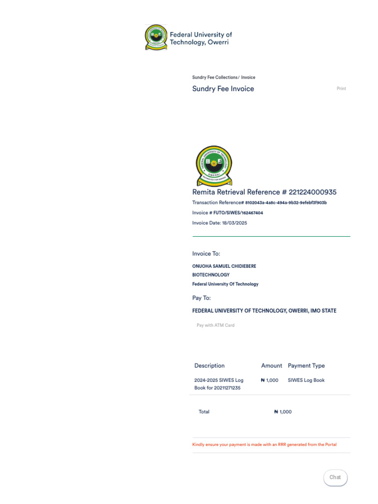SIWES Log Book Fee Invoice | PDF