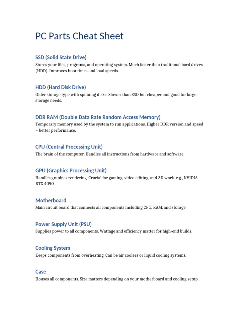 PC Parts Cheat Sheet | PDF