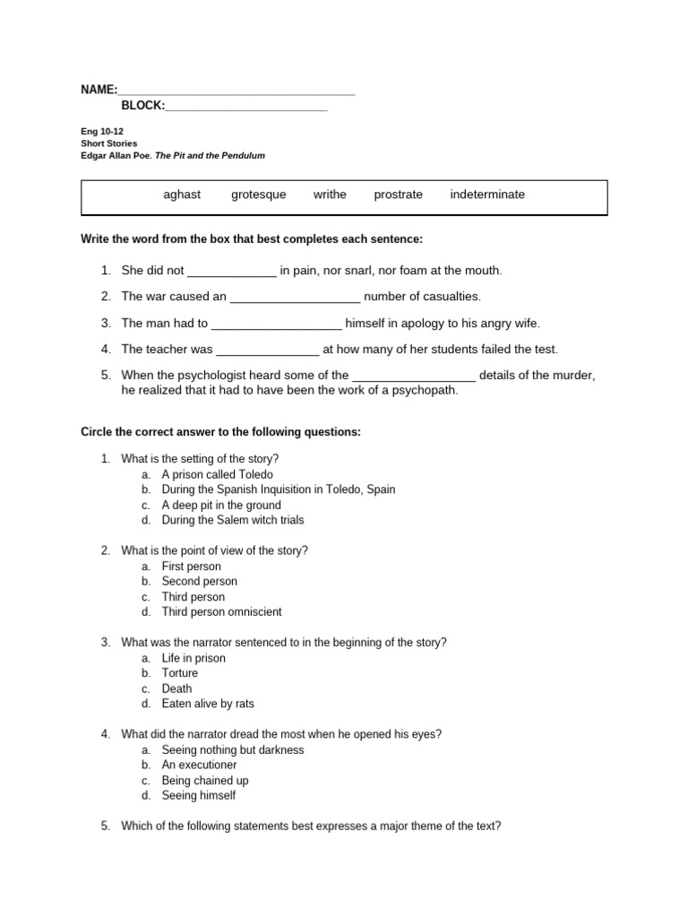 The Pit & The Pendulum Comprehension Questions | PDF