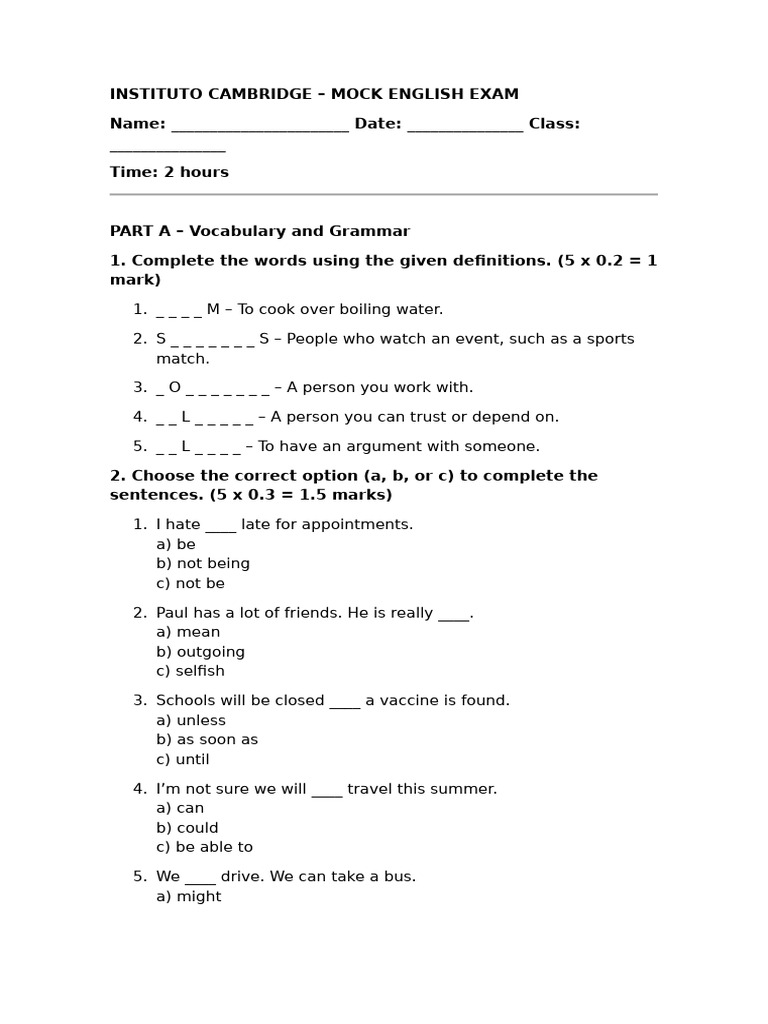 Cambridge Mock English Exam Guide | PDF