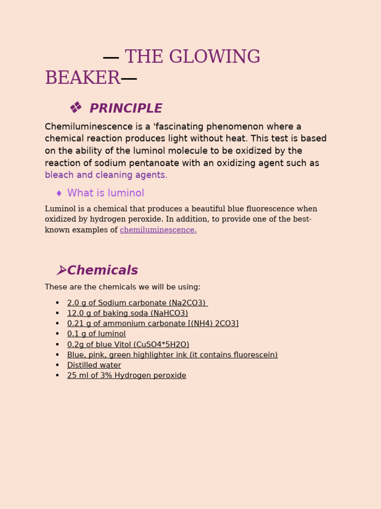 Luminol Booklet Complete | PDF | Hydrogen Peroxide | Chemical Reactions