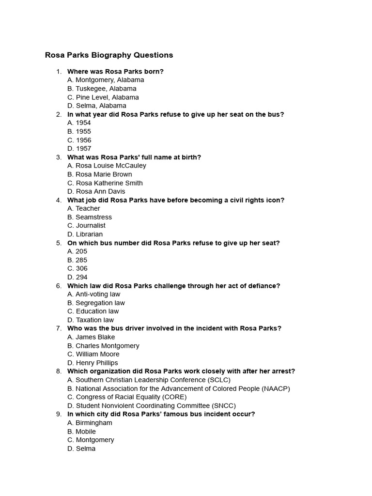 Rosa Parks Biography Quiz Questions | PDF | Rosa Parks | Civil Rights ...