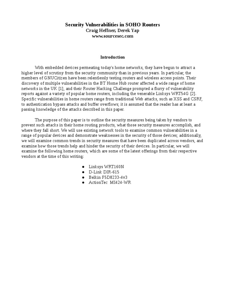 Security Vulnerabilities in SOHO Routers: Craig Heffner, Derek Yap ...
