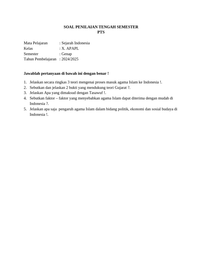 SOAL PTS Sejarah Indo Kelas X, XI 2025 | PDF
