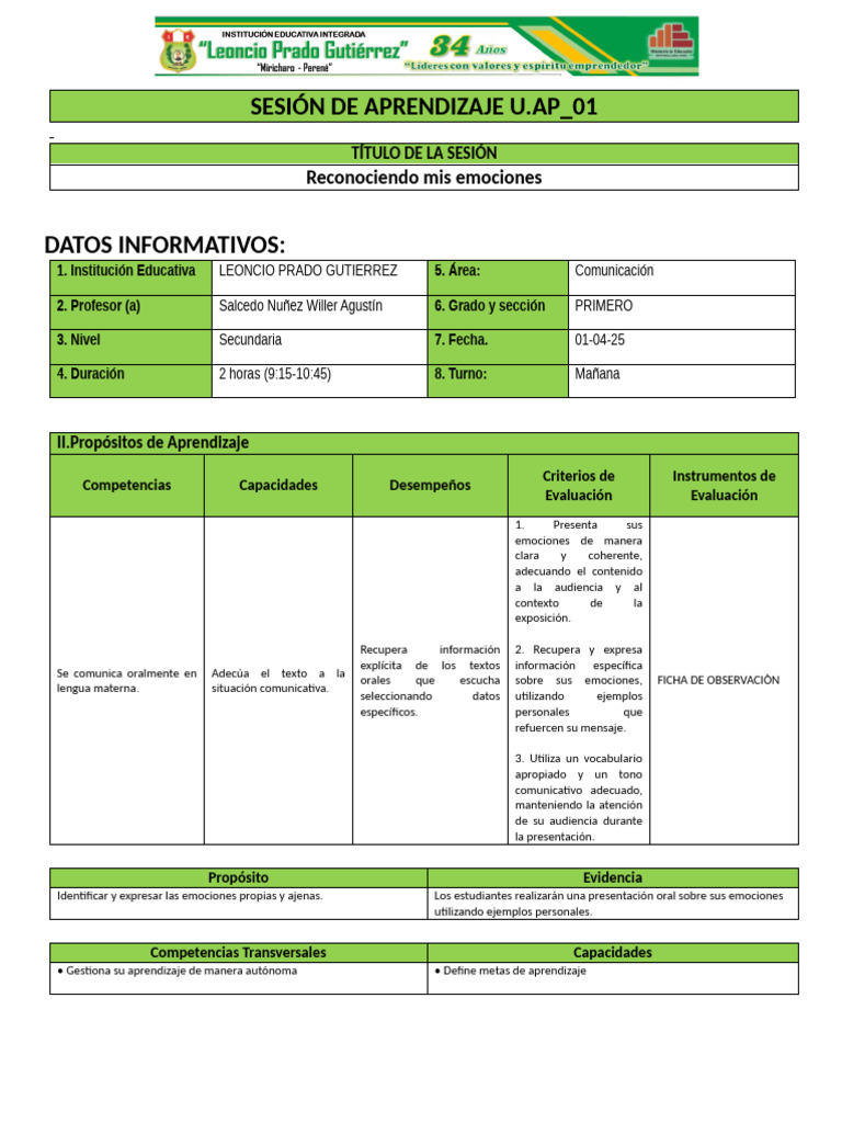SESIÒN 1 Reconociendo Mis Emociones | PDF | Las emociones | Aprendizaje