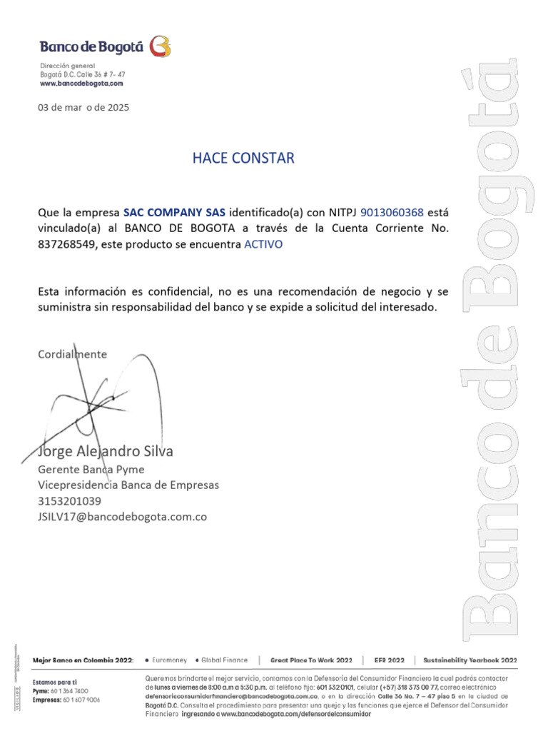 Certificacion Bco Bogota | PDF