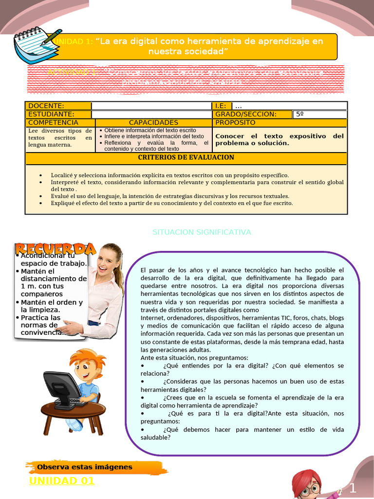 Ficha de Actividad S1 (U1) (5° Grado) - COMUNICACIÓN | PDF | Tecnología de información y ...