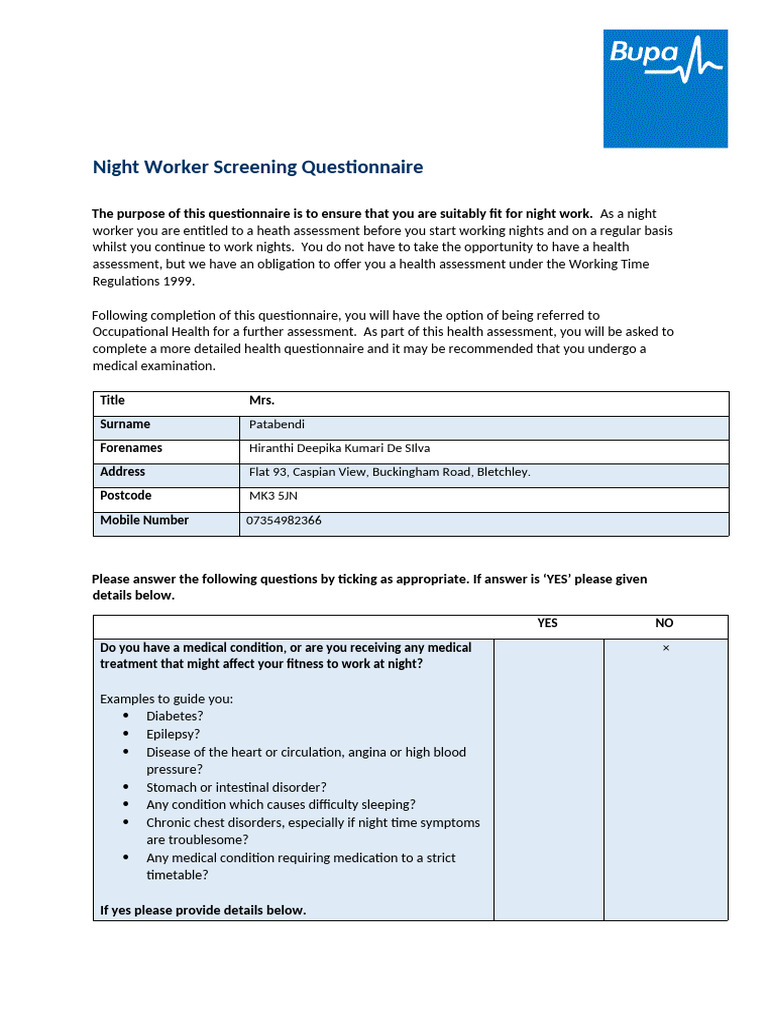 Night Worker Screening Questions 19082022 | PDF
