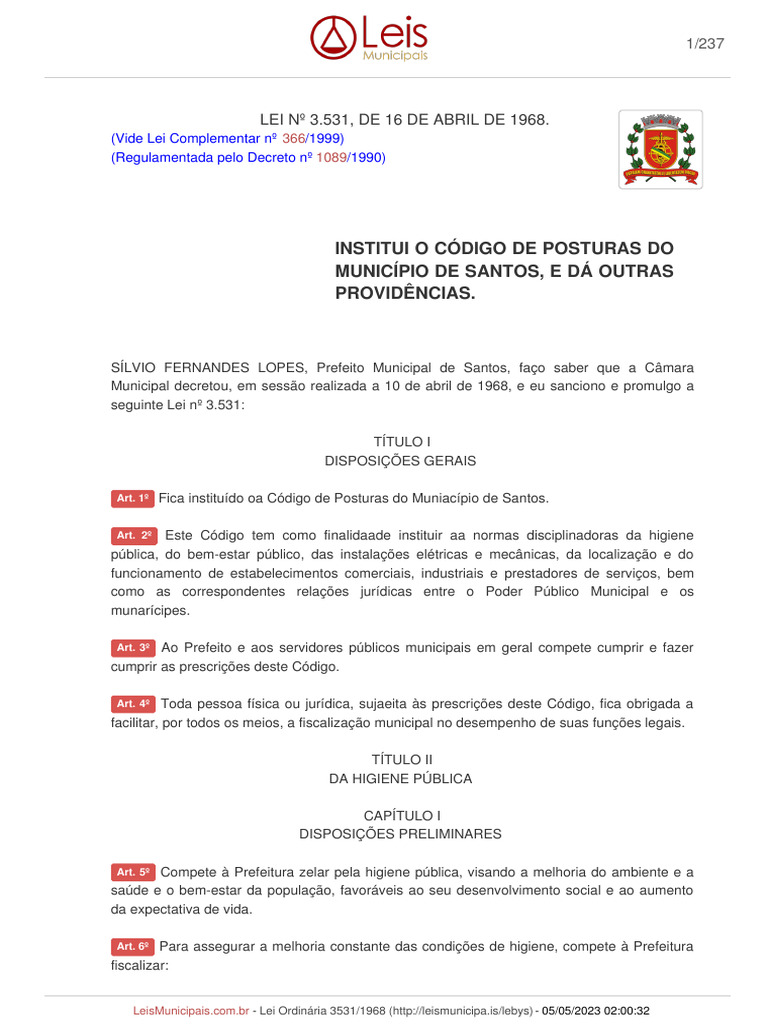 CÓD DE POSTURAS - Lei-ordinaria-3531-1968-Santos-SP-consolidada - (02 ...