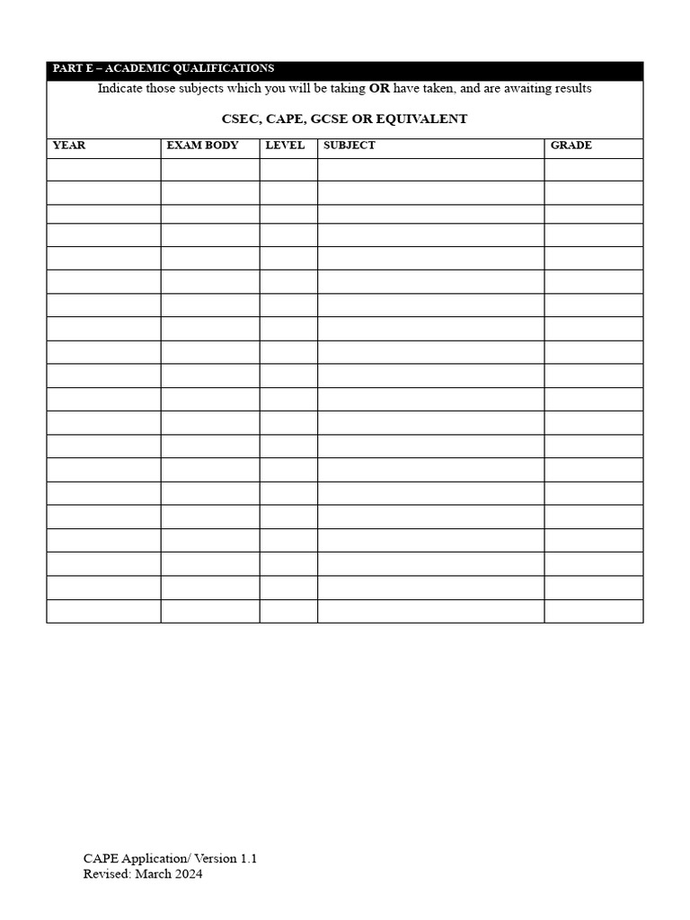 CAPE Application Academic Qualifications Form | PDF