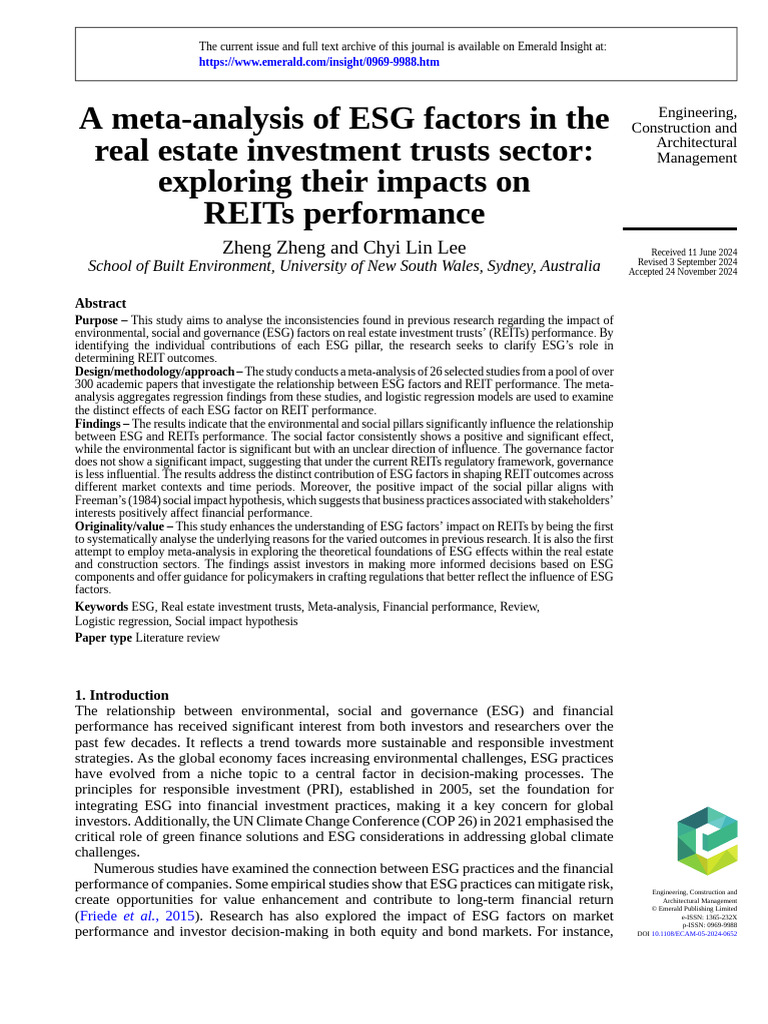 Ameta-Analysis of ESG Factors in The Real Estate Investment Trusts ...