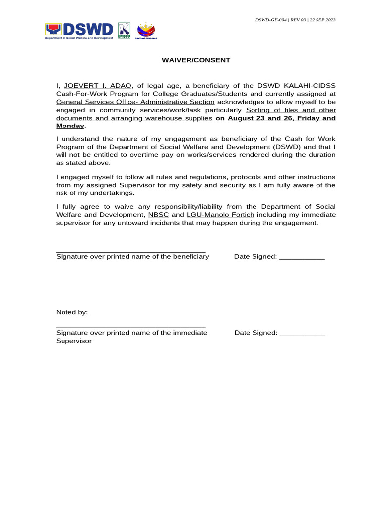 DSWD Cash-For-Work Waiver Consent Form | PDF