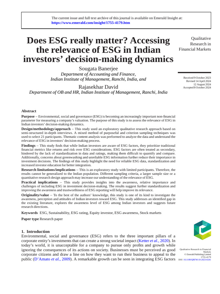 ESG Awareness in Indian Investment Decisions | PDF | Qualitative Research | Decision Making